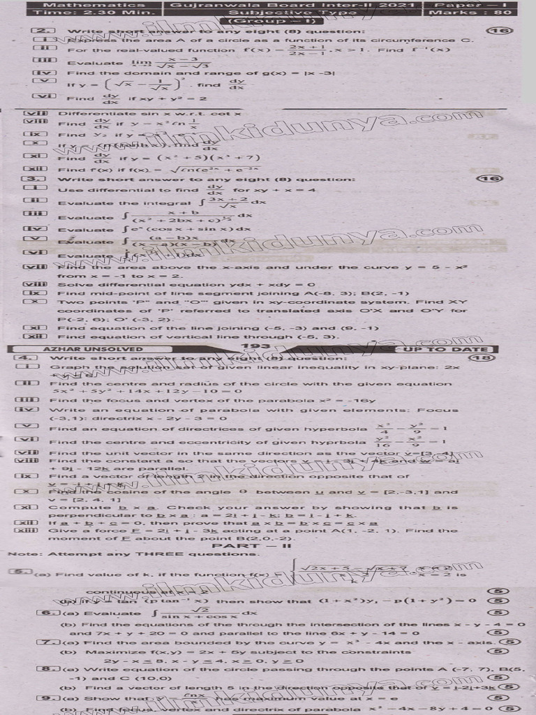 Past Papers 2021 Gujranwala Board Inter Part 2 Mathematics Group I Subjective English Medium | PDF