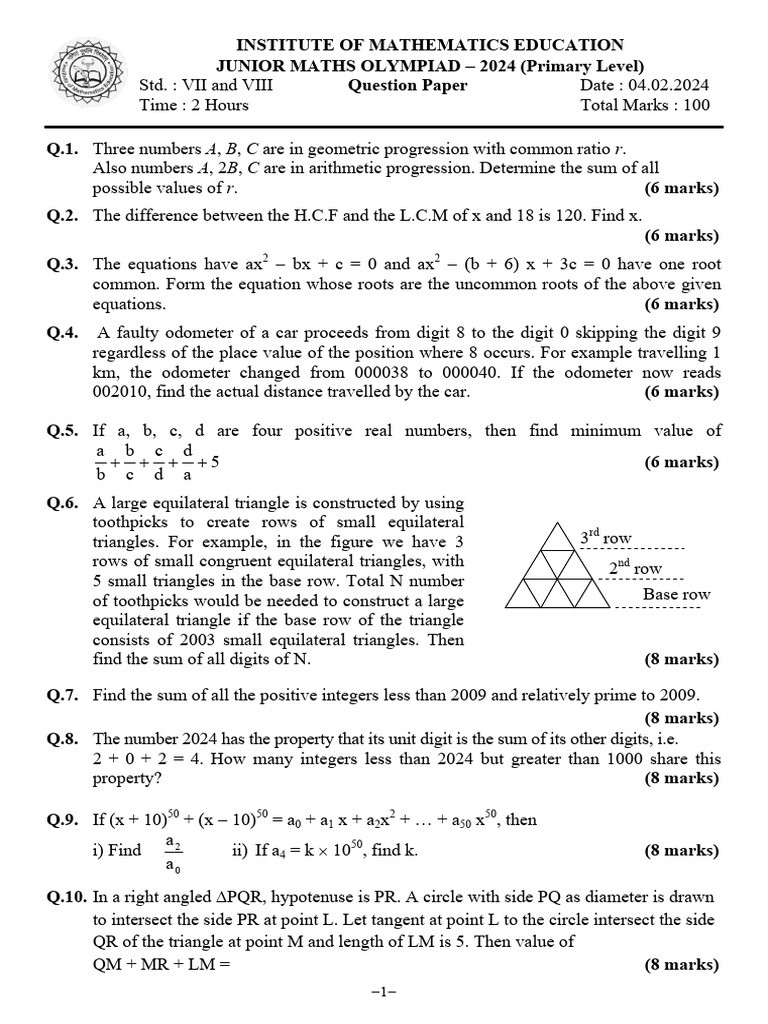 JMO 2024 (7,8) Question Paper | PDF | Triangle | Area