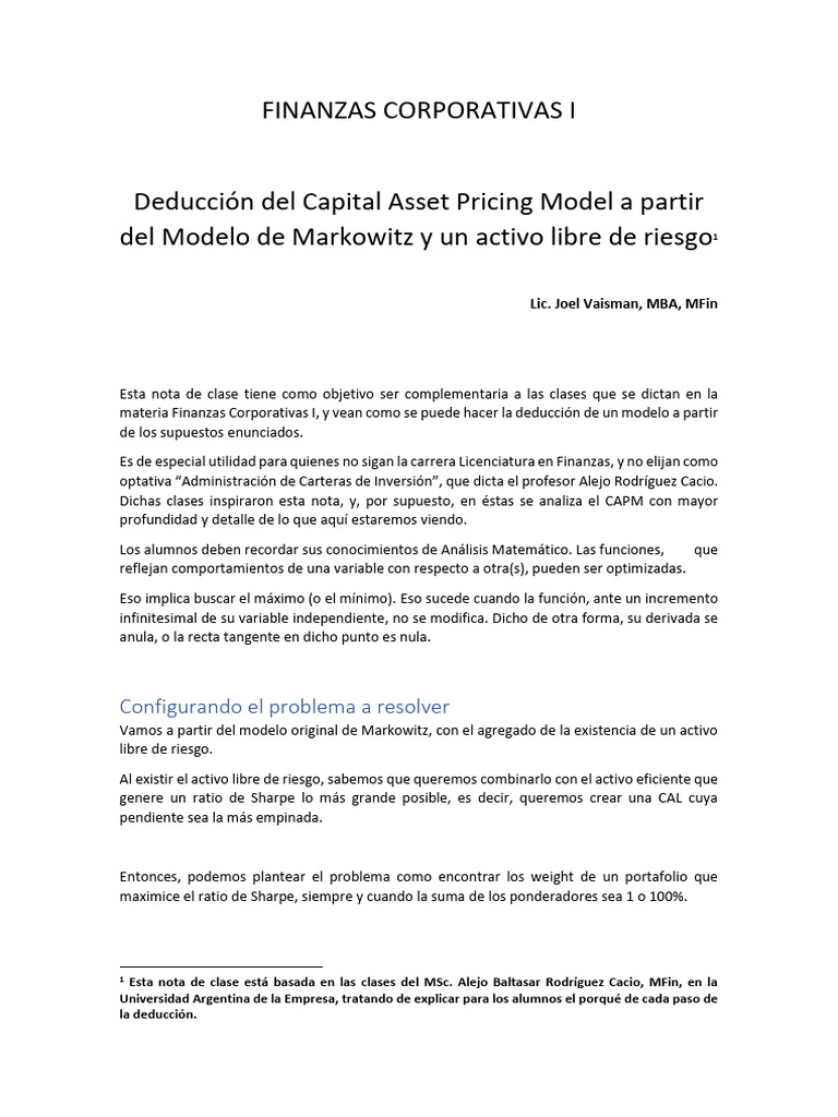 Deducción del CAPM desde Markowitz | PDF | Modelo de fijación de precios de activos de capital ...