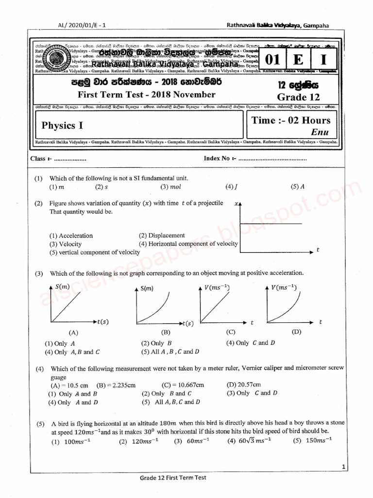 2018 Rathnawali Balika Vidyalaya Physics Grade 12 1st Term Test Paper ...
