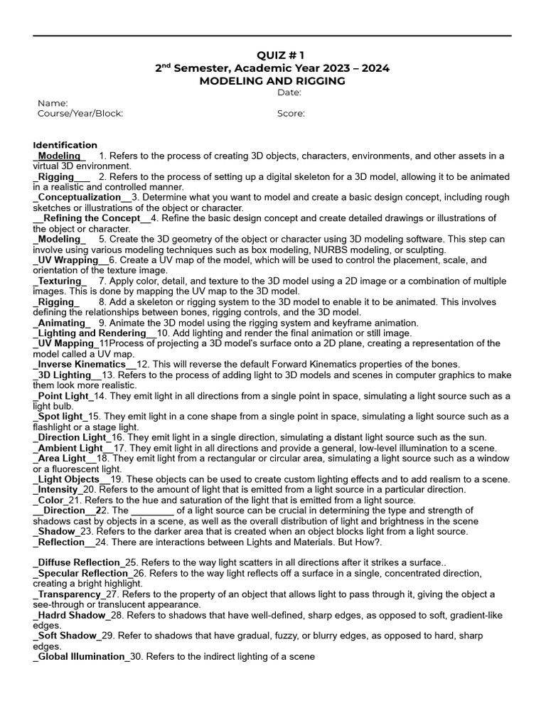 QUIZ # 1 - Key Answer MODELING AND RIGGING | PDF | 3 D Computer ...