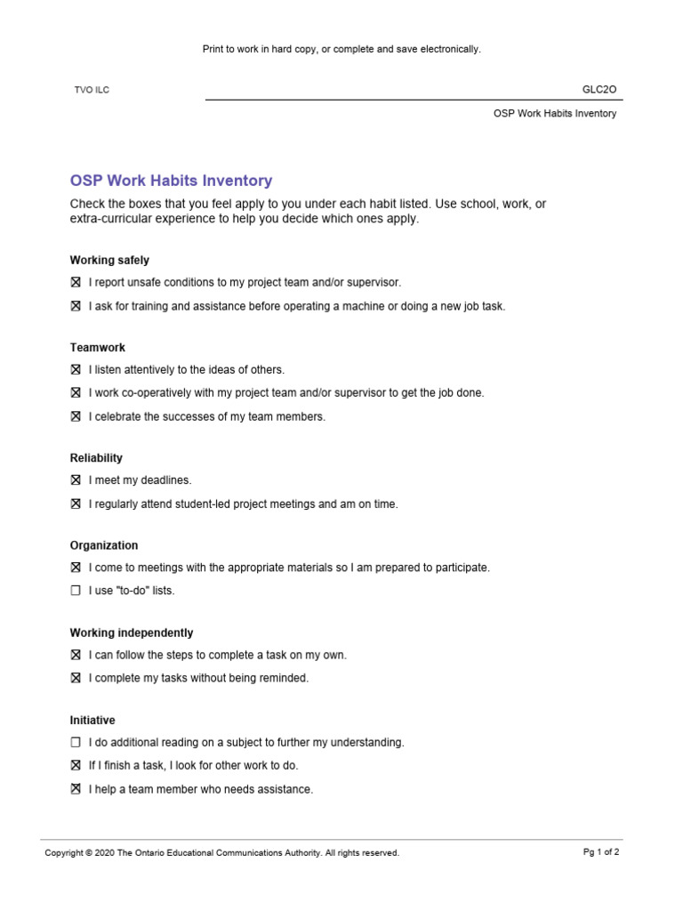 Gls Worsheet Work Habits 2 | PDF | Human Communication