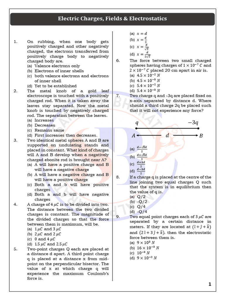 Electric Charges & Electrostatics - 50 Qs | PDF | Electric Field ...