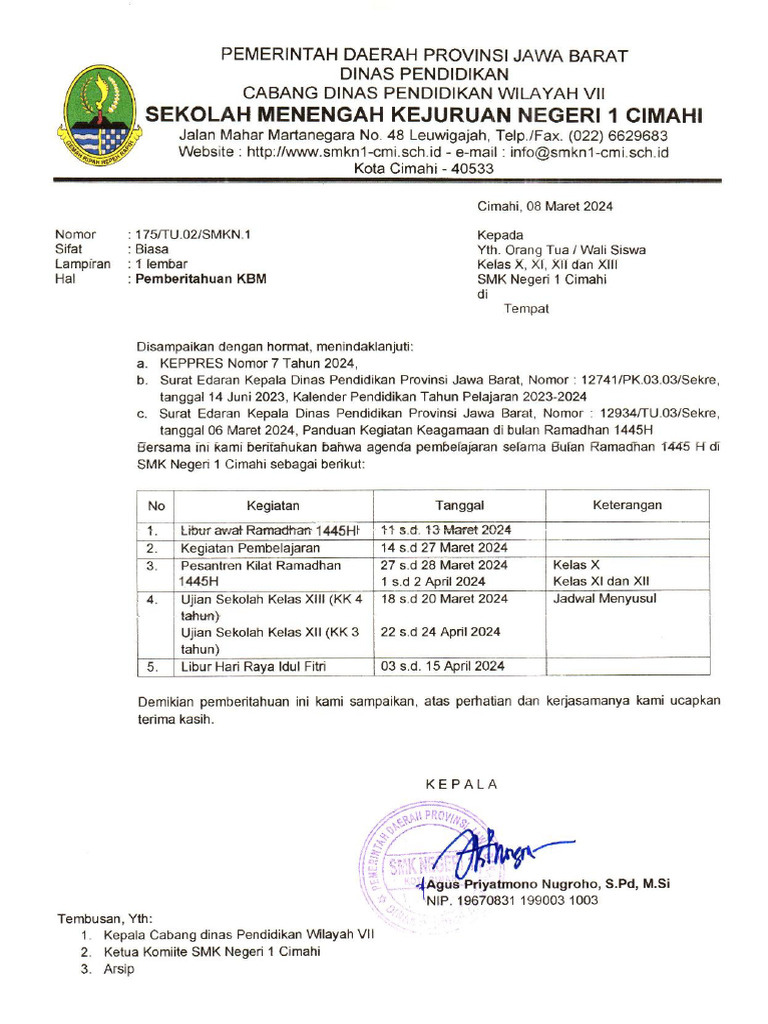 Pemberitahuan Kegiatan Belajar Mengajar Selama Ramadhan 1445H | PDF