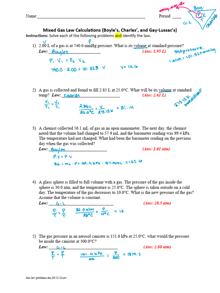Gas laws practice worksheet | PDF | Gases | Pressure