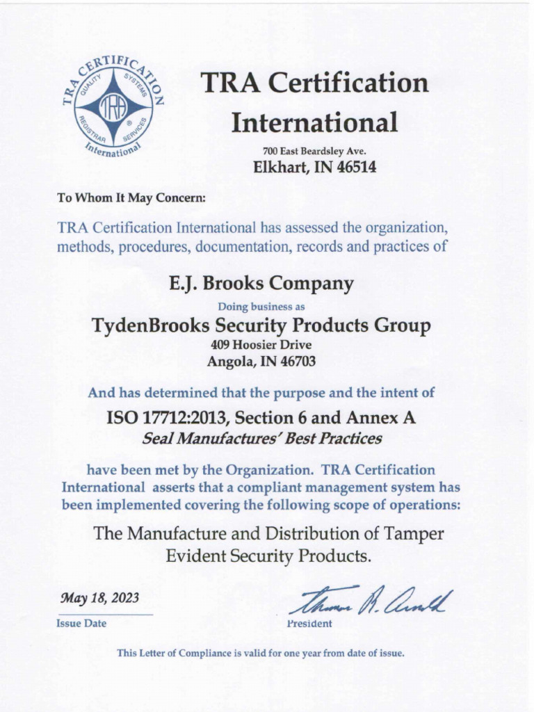 TydenBrooks-ISO-17712-Cert | PDF