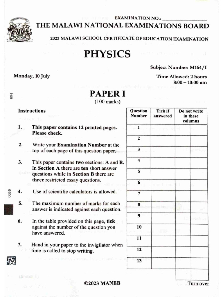 2023 Msce Physis P1 | PDF