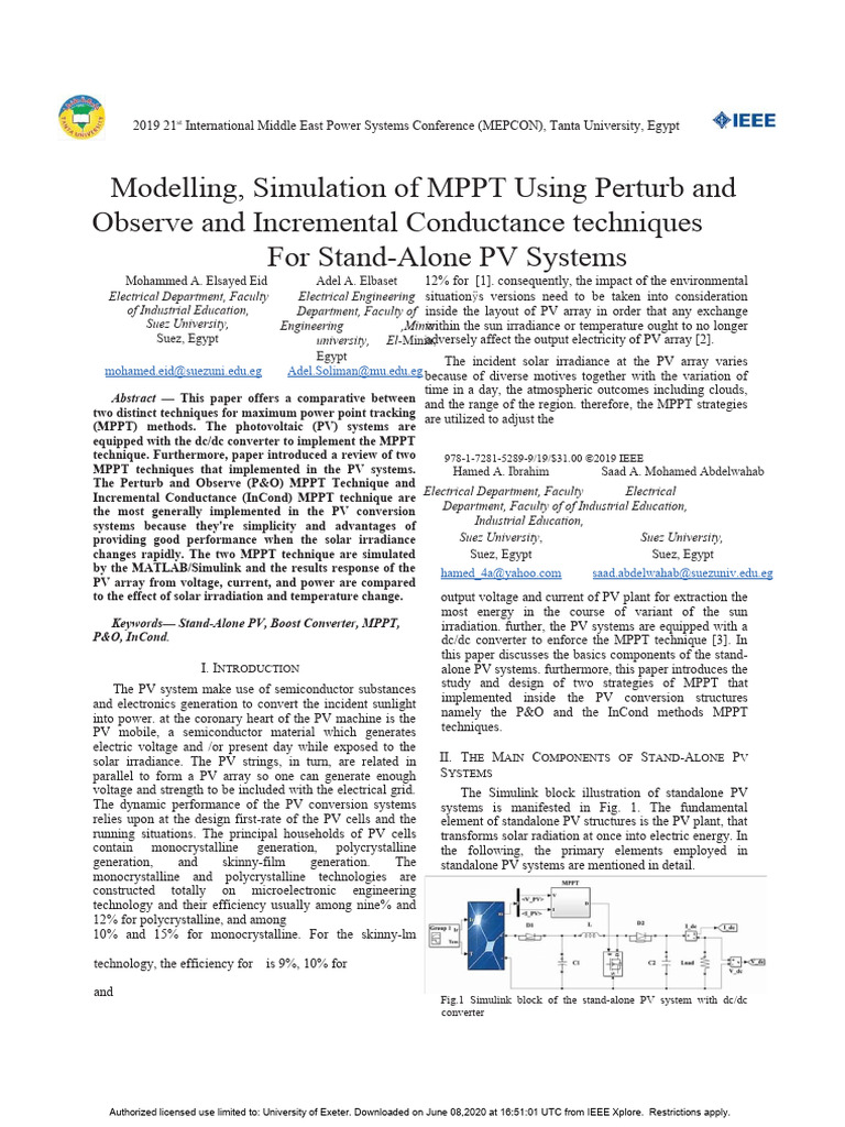 Modelling Simulation Of Mppt Using Perturb And Observe And Incremental Conductance Techniques