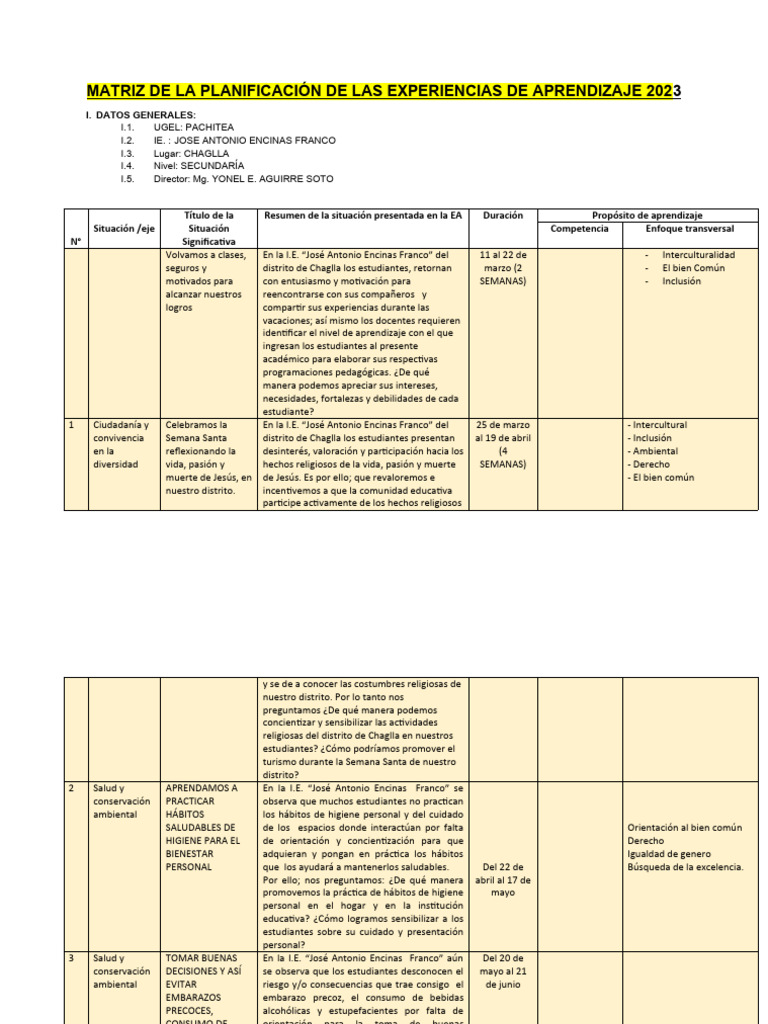 Matriz de La Planificación de Las Experiencias de Aprendizaje 2024 (1) Primer Bloque | PDF ...