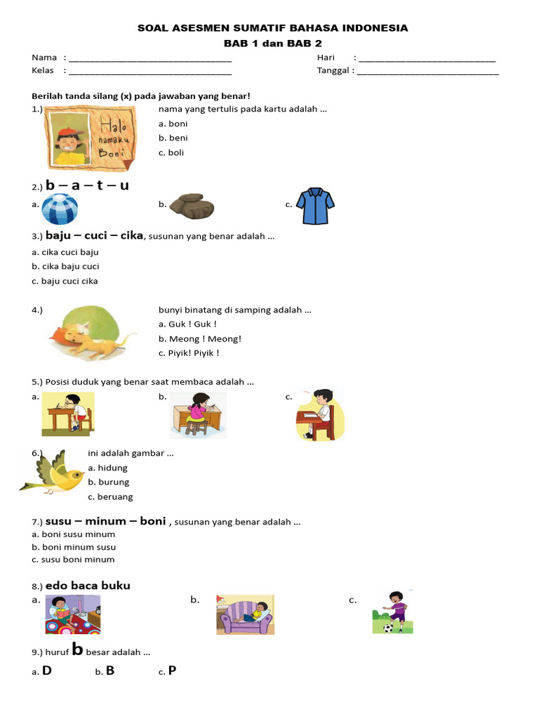 Sumatif Bahasa Indonesia Bab 1 Kelas 1 | PDF