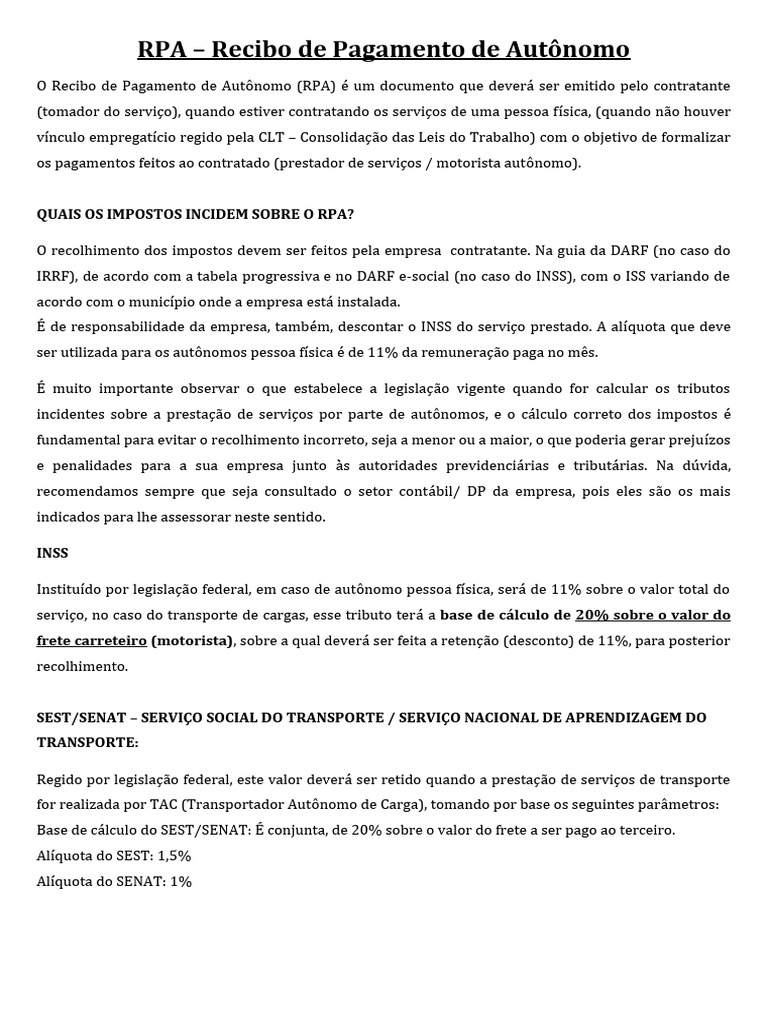 Rpa - Recibo Pagamento Autonomo | Download grátis PDF | Imposto de ...