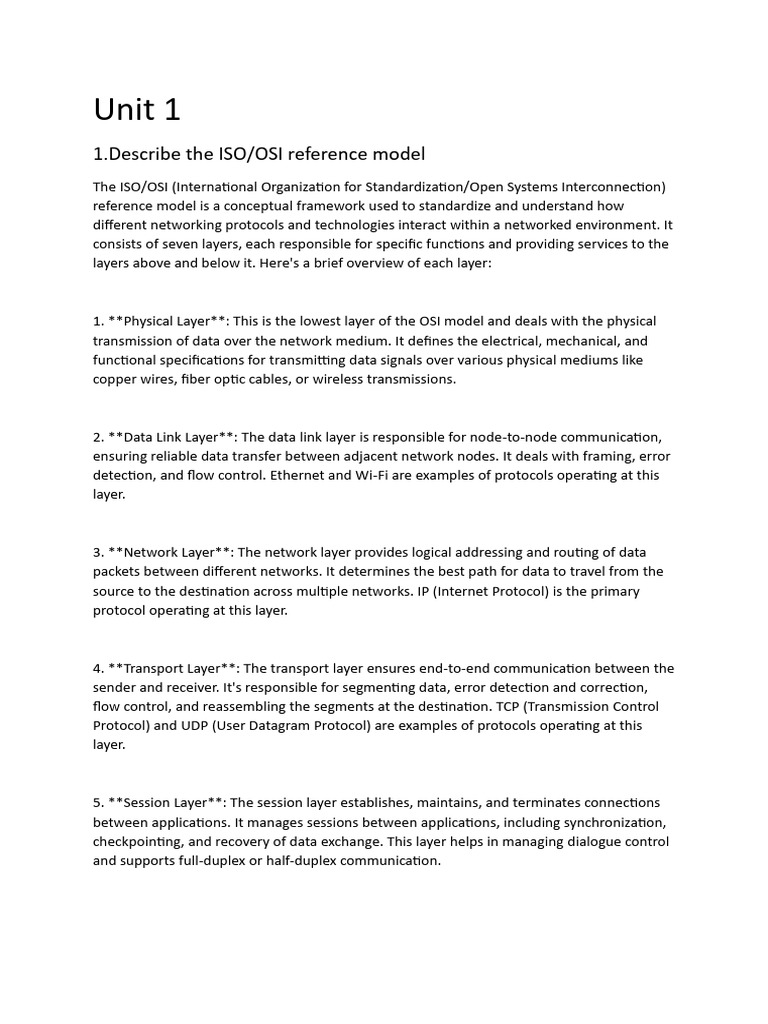 Unit 1: 1.describe The ISO/OSI Reference Model | PDF | Transmission ...