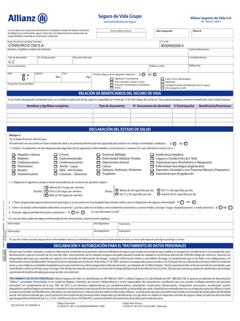 Solicitud Seguro Vida Grupo Allianz | PDF | Póliza de seguros | Seguro
