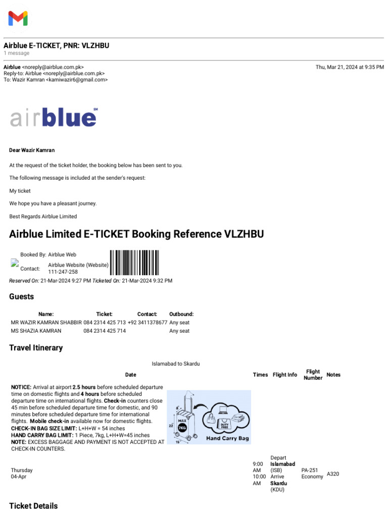 Gmail - Airblue E-Ticket, PNR - Vlzhbu | PDF | Fee