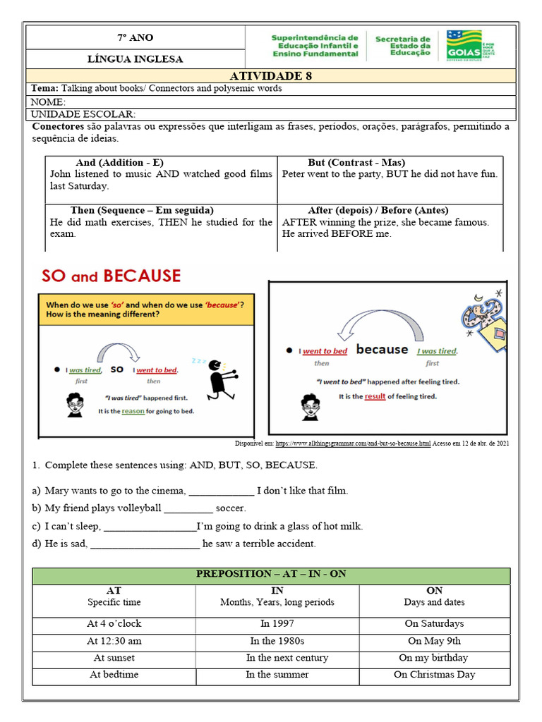 Atividade 8 7o Ano LI Talking About Books Connectors and Polysemic Words | Download Free PDF ...
