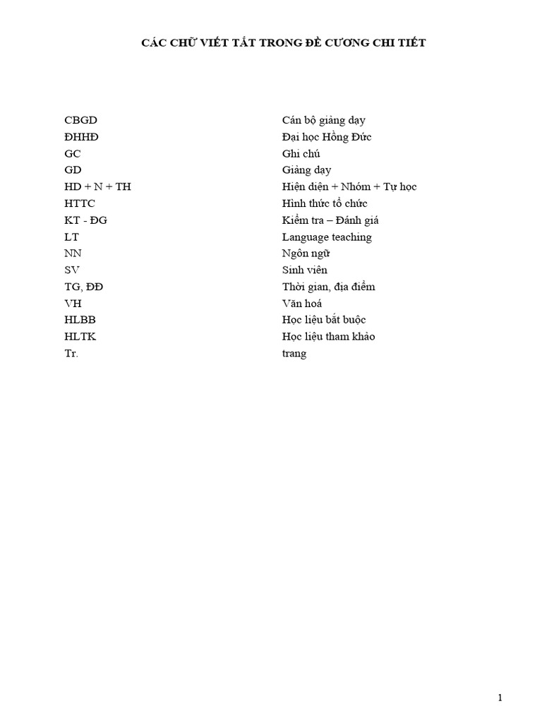 Các Chữ Viết Tắt Trong Đề Cương Chi Tiết | PDF