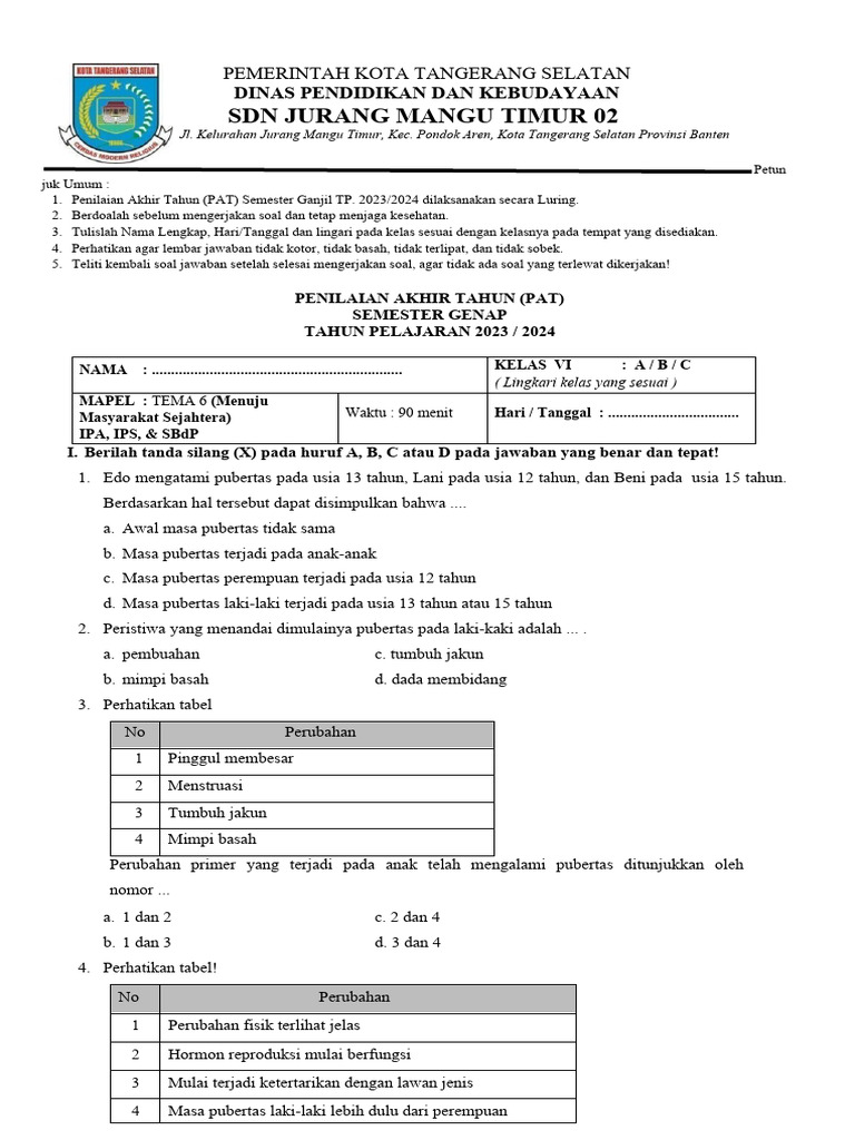 Soal Pat Tema 6 (Ipa, Ips, SBDP) Kls 6 | PDF