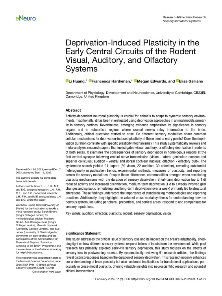 Deprivation-Induced Plasticity in The Early Central Circuits of The ...