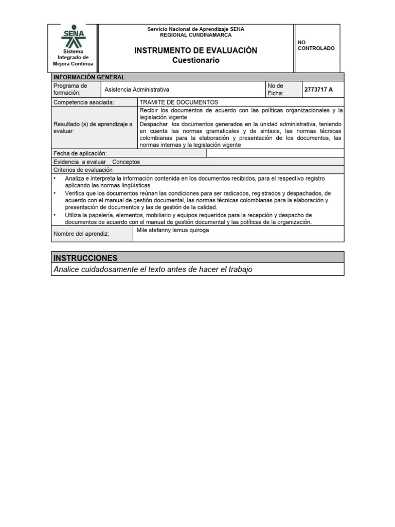 Cuestionario Tramitar Dctos 002 | PDF | Correo | Gestión de registros