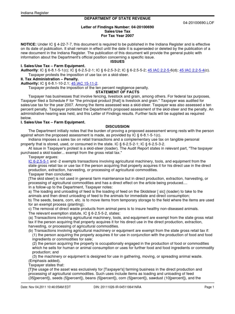 Indiana DOR, Letter of Findings Number 04-2010069 (Nov. 4, 2011) | PDF ...