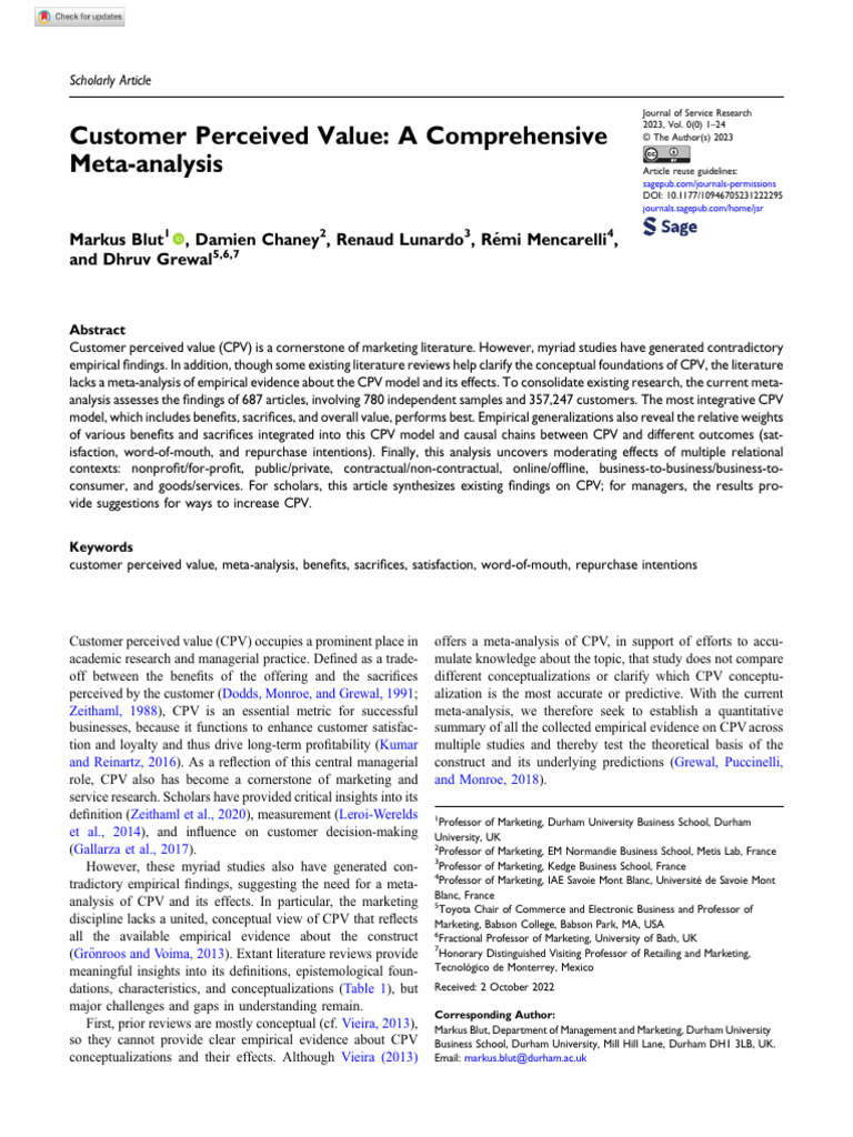Blut Et Al 2023 Customer Perceived Value A Comprehensive Meta Analysis | PDF | Customer ...