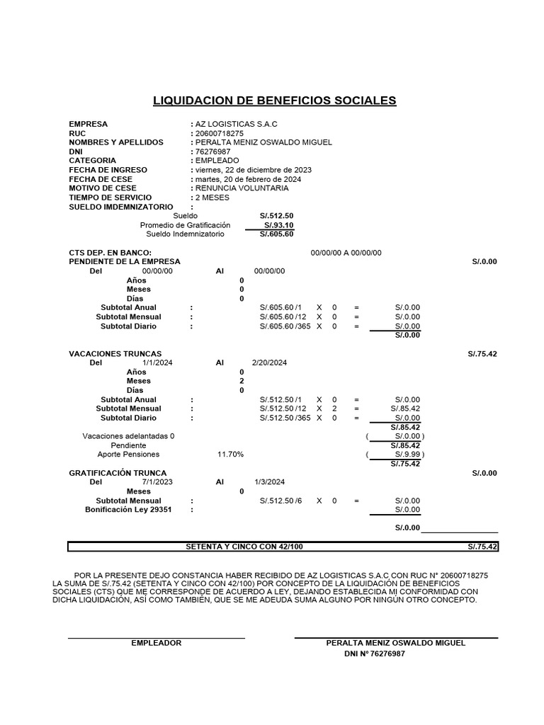Liquidación de Beneficios Sociales | PDF