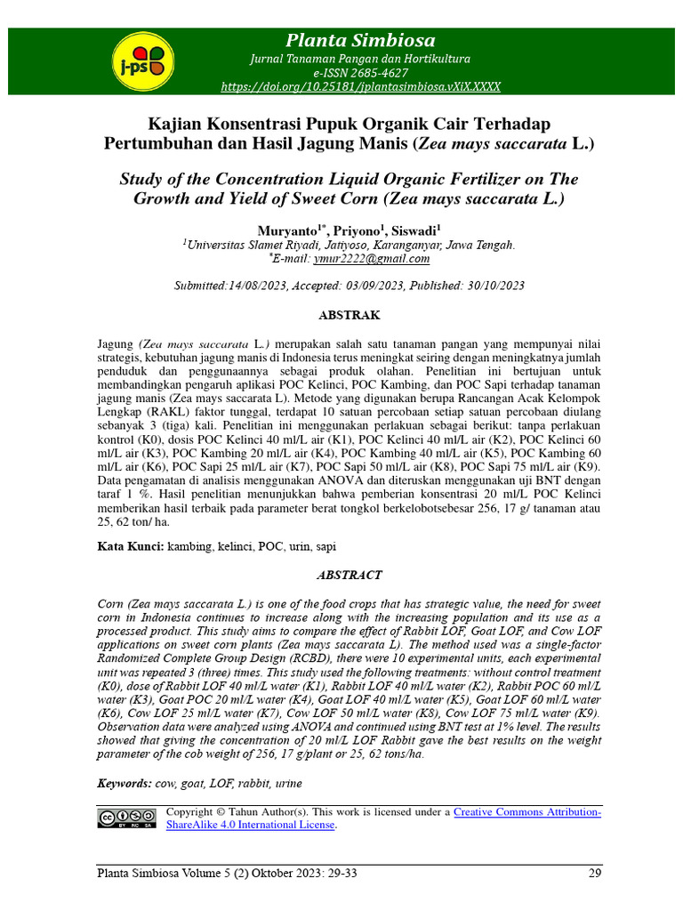 Kajian Konsentrasi Pupuk Organik Cair Terhadap Pertumbuhan Dan Hasil Jagung Manis (Zea Mays ...