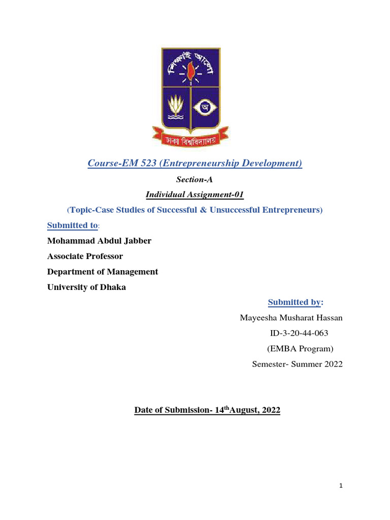Mayeesha Musharat-ID (44-063) - EM-523-Ent Dev. Assignment - Case Studies of Successful ...