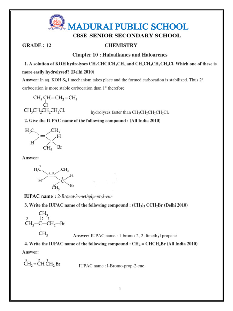 Haloalkanes and Haloarenes Important Questions | PDF | Chemical ...
