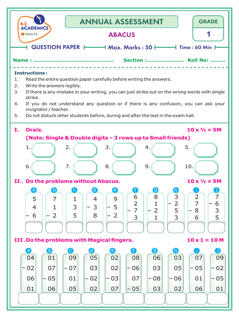 Abacus - Grade-1 - Annual Assessment - QP - 2024 | PDF | Qualifications | Educational Assessment ...