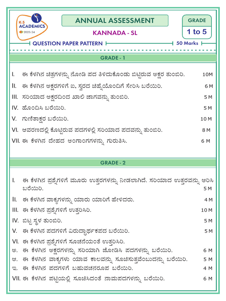 Kannada-SL - QP Pattern For Annual Assessment - Gr-1 To 5 | PDF