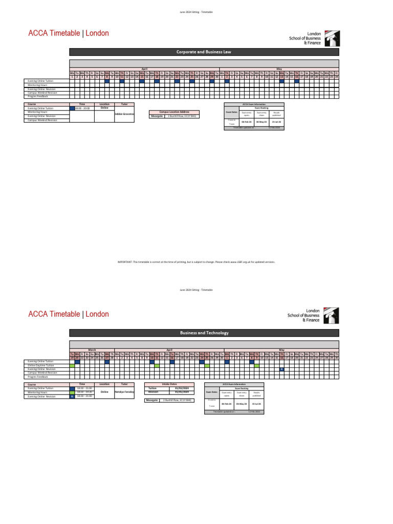 Acca Timetable June 2024 | PDF | Vocational Education | Schools