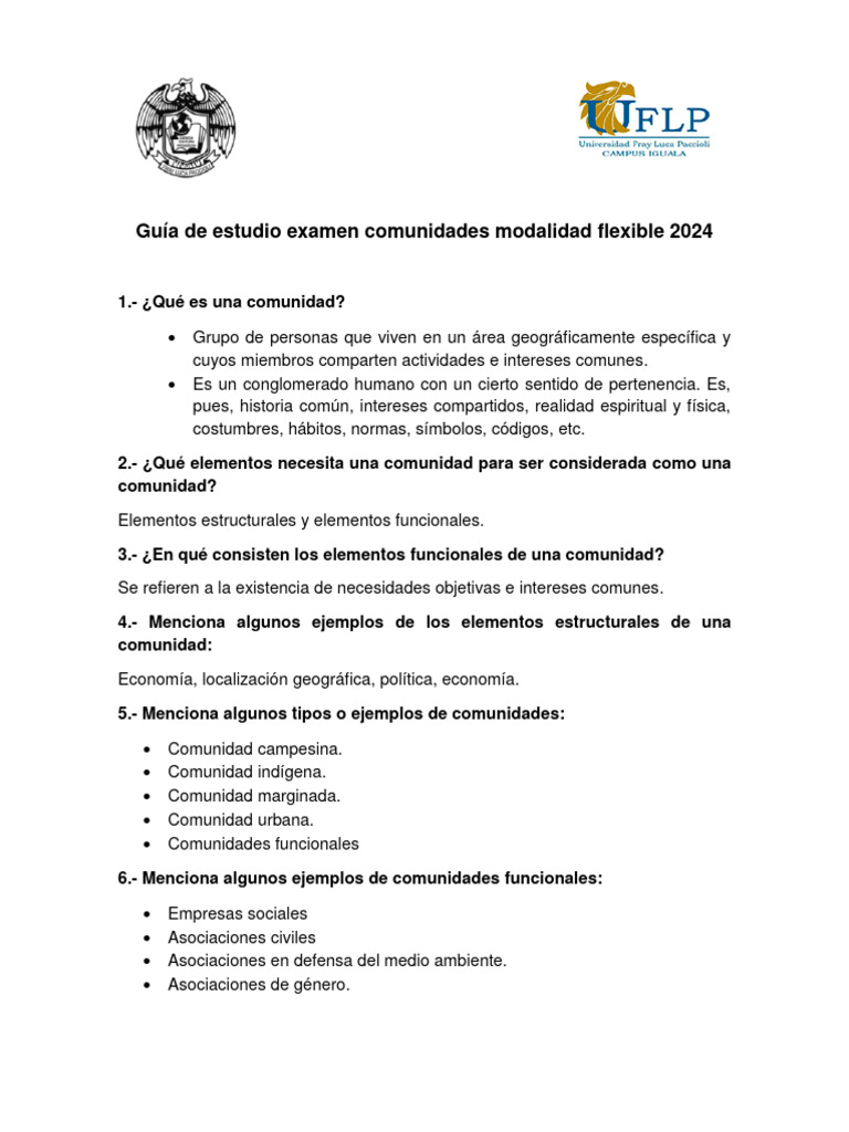 Guía de Estudio Examen Comunidades Modalidad Flexible 2024 | PDF | Comunidad | Entorno natural