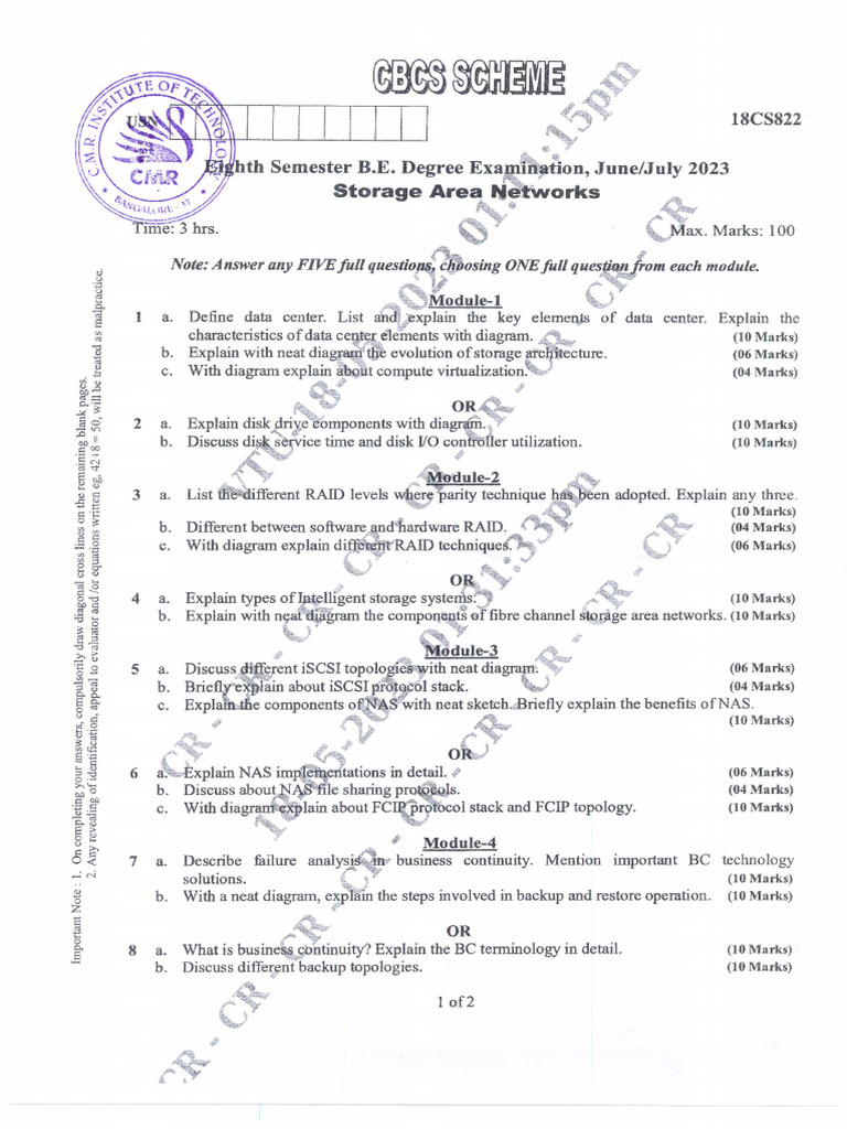 VTU Question Paper of 18CS822 Storage Area Networks June-July-2023 | PDF