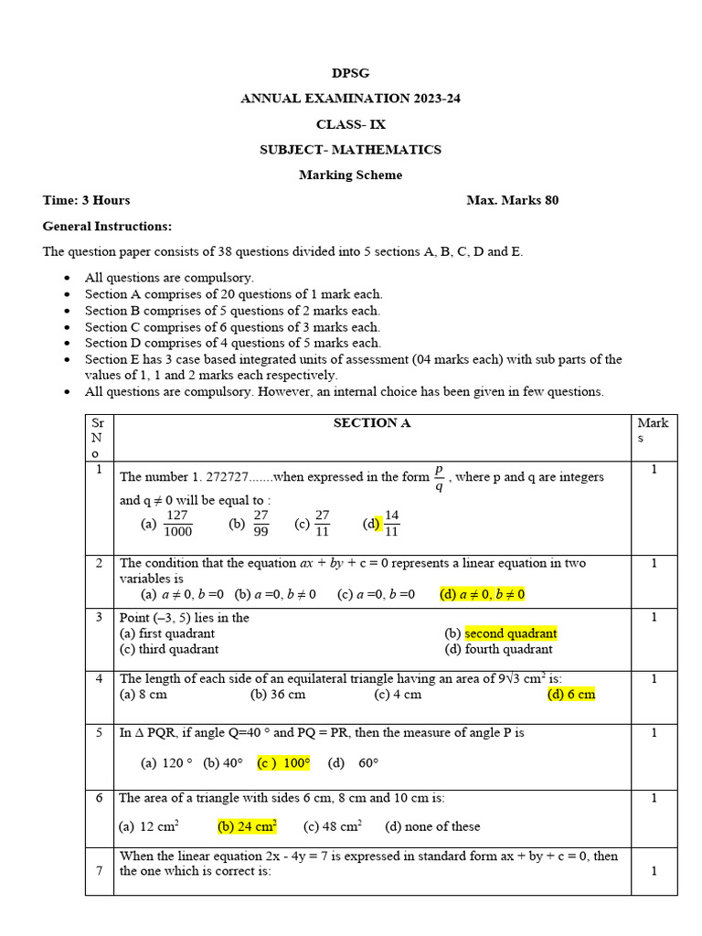 Class 9 Maths Exam Marking Scheme | PDF | Circle | Area