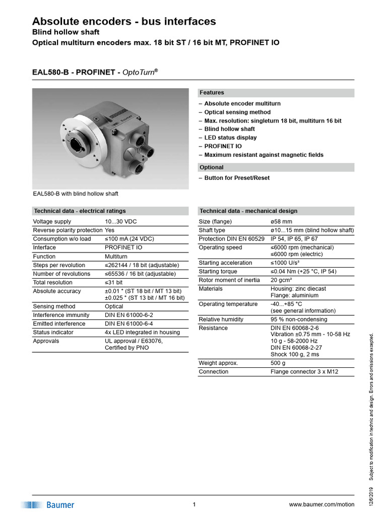 Baumer EAL580-B PROFINET Absolute Encoders | Download Free PDF | Electrical Engineering ...