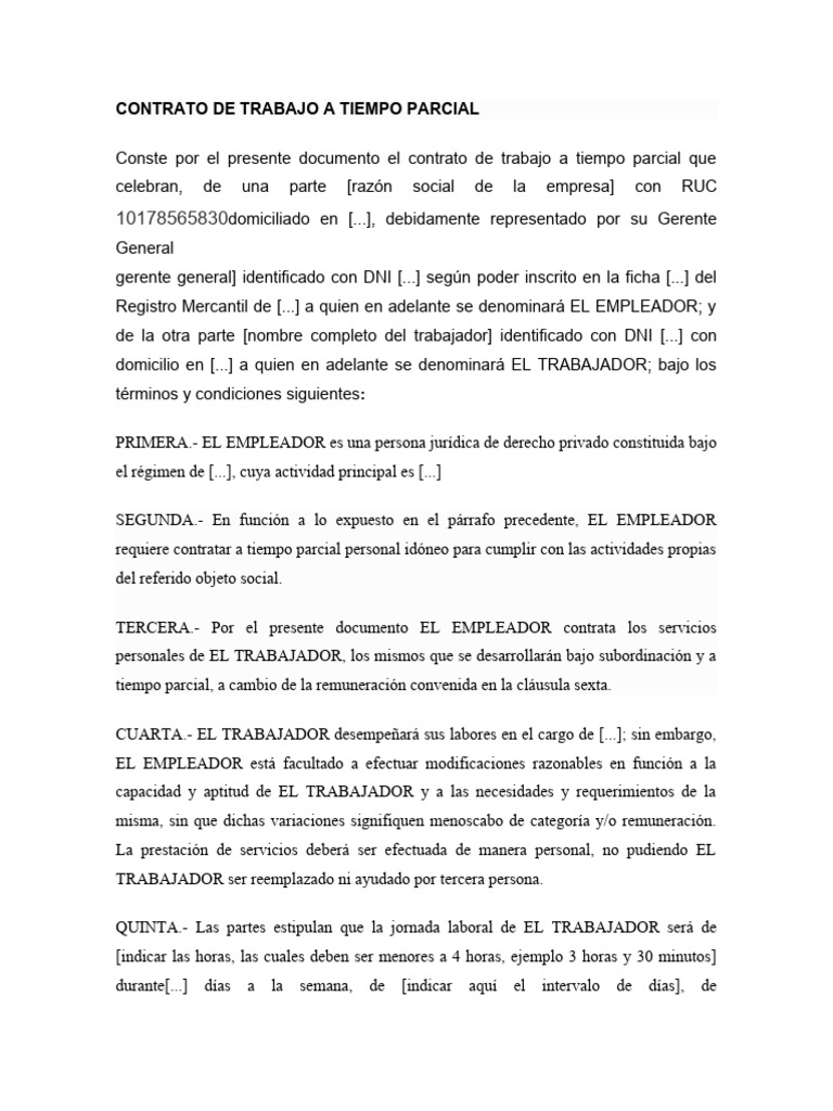 Contrato Laboral a Tiempo Parcial | PDF | Derecho laboral | Salario