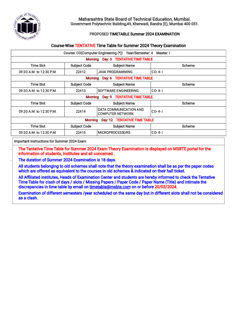 Summer 2024 Exam Timetable for CO Students | PDF | Computer Engineering ...