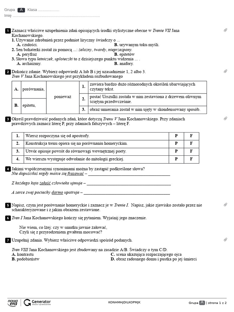 Jan Kochanowski, Treny" Test (Bez Widocznej Punktacji) | PDF