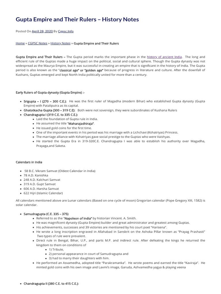 Gupta Empire History Notes | PDF