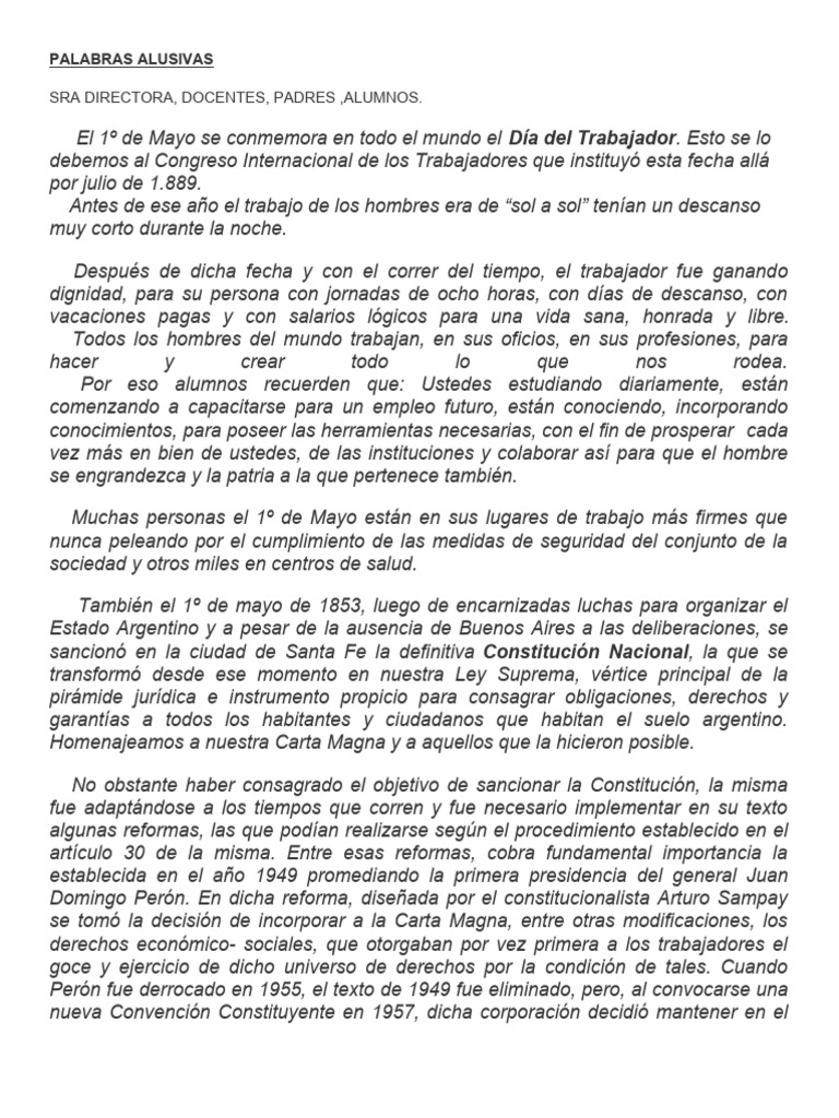 Palabras Alusivas Dia Del Trabajador | PDF | Constitución | Gobierno