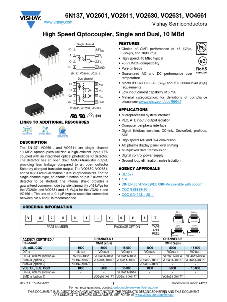 6n137 Datasheet | PDF | Insulator (Electricity) | Electrical Engineering
