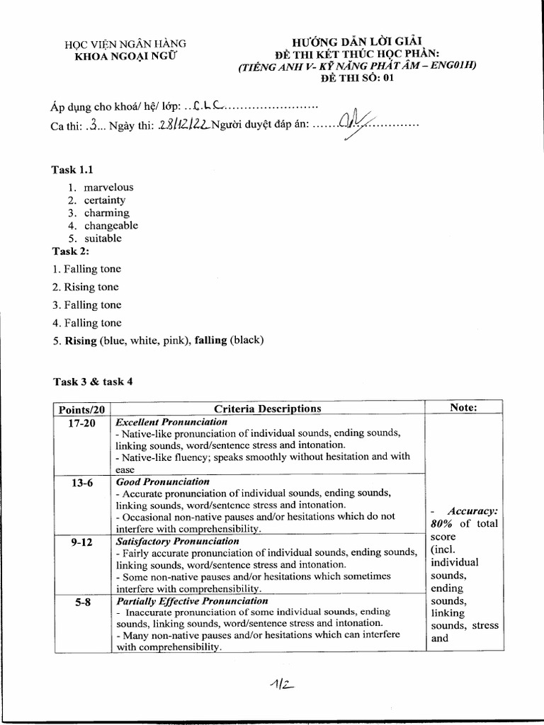 Bb4b6ca1 - Phat Am ENG01H CA 3 Ngay 28.12.22 CLC de 1 2 | PDF | Psycholinguistics | Linguistics