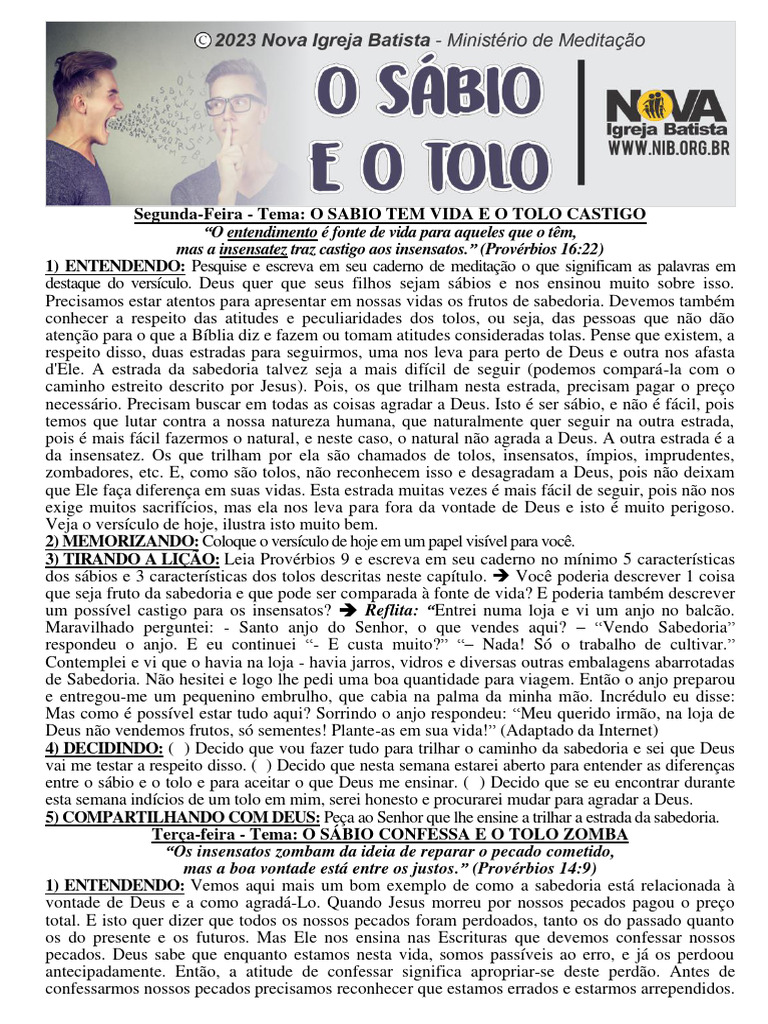 Meditacao Nib 24 Setembro 2023 o Sabio e o Tolo | PDF | Pecado | Sabedoria