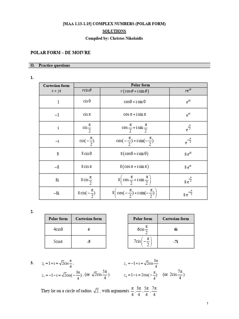 (MAA 1.13-1.15) COMPLEX NUMBERS (POLAR FORM) - Solutions | PDF ...