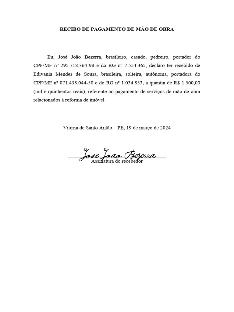 Recibo de Pagamento de Mão de Obra | PDF