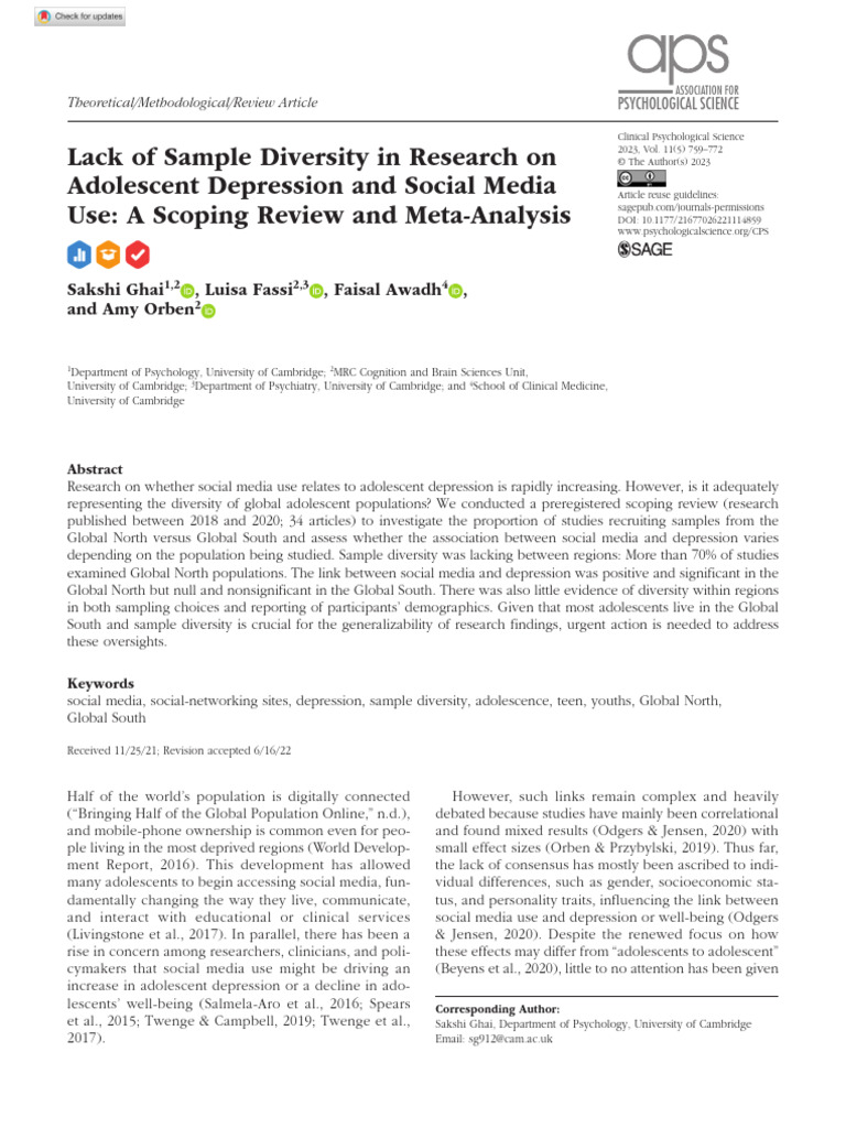 Ghai Et Al 2023 Lack of Sample Diversity in Research On Adolescent ... Ghai Et Al 2023 Lack of Sample Diversity in Research On Adolescent ...