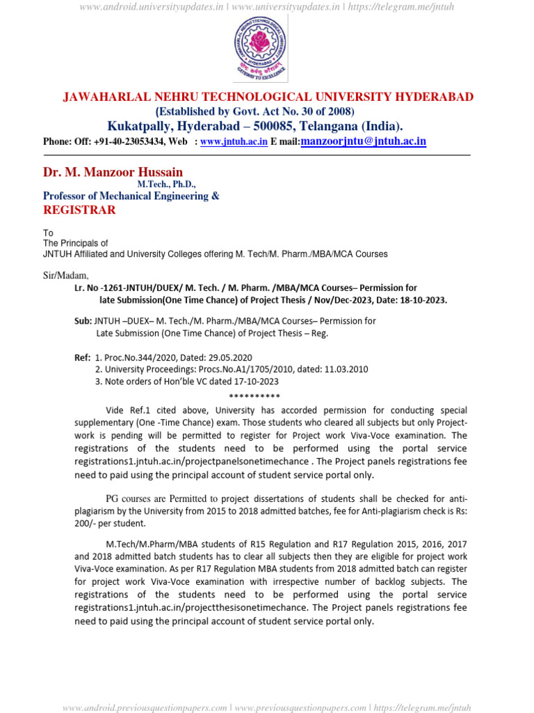 JNTUH Notification - For - PG - Project - Thesis - One - Time - Chance - 2023 | PDF | Vocational ...
