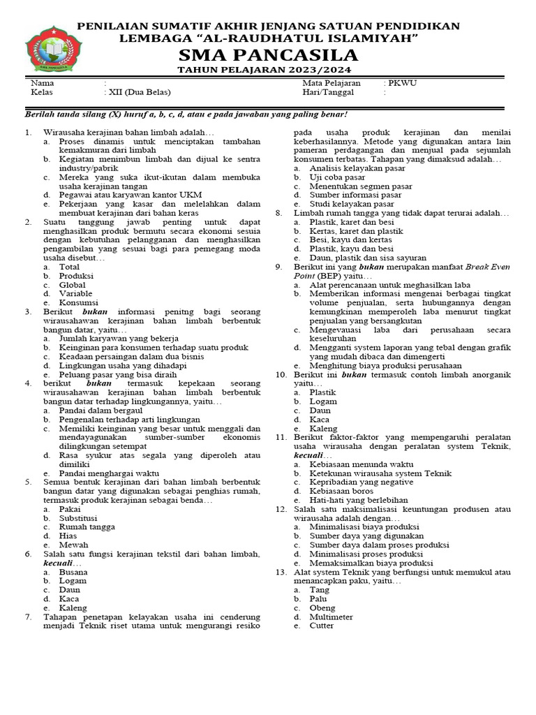 Soal Sumatif Akhir Pkwu Xii 2024 | PDF