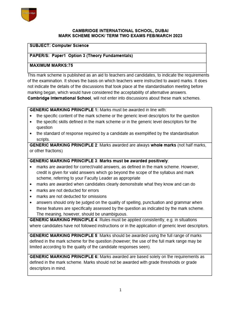 Mock or Term Two Mark Scheme Paper1 Option 3 | PDF | Question